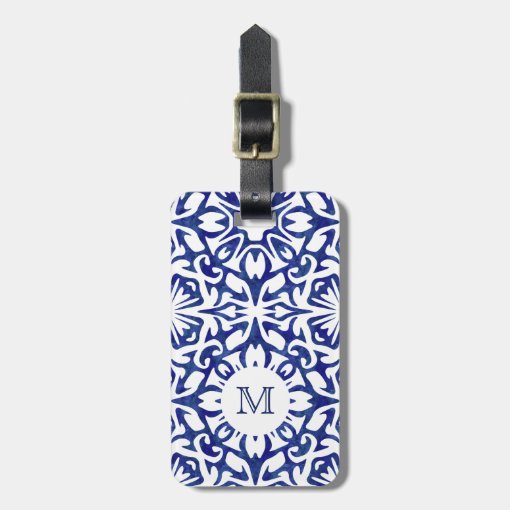 Blue and White Watercolor Spanish Tile Monogram Luggage Tag | Zazzle