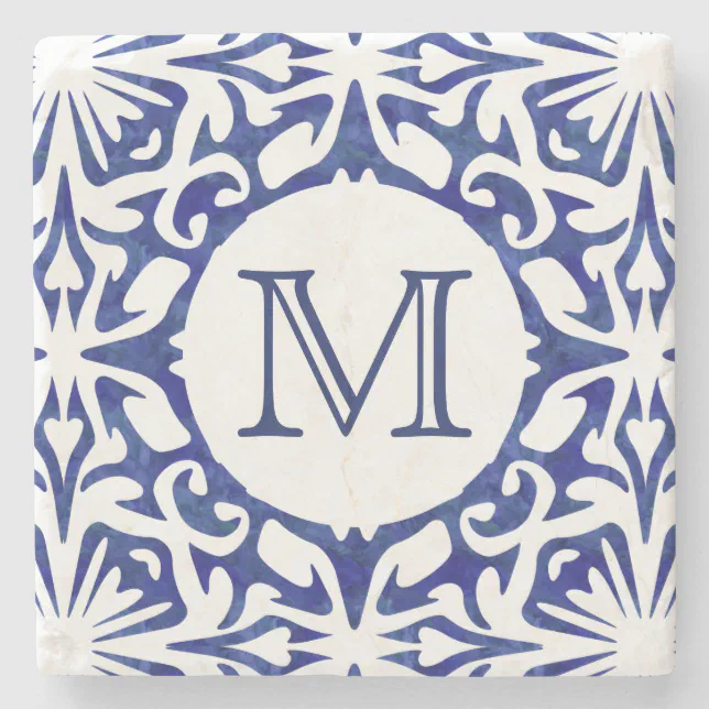 Blue and White Watercolor Spanish Tile Monogram Stone Coaster | Zazzle