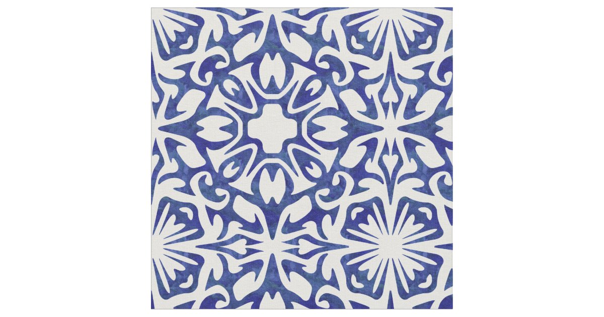 Blue and White Watercolor Spanish Tile Pattern Fabric | Zazzle