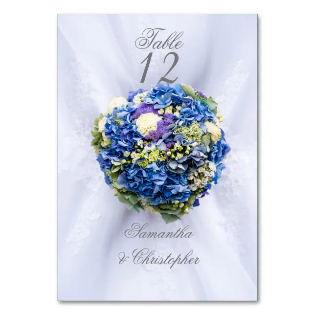 Blue and white wedding flower table number | Zazzle