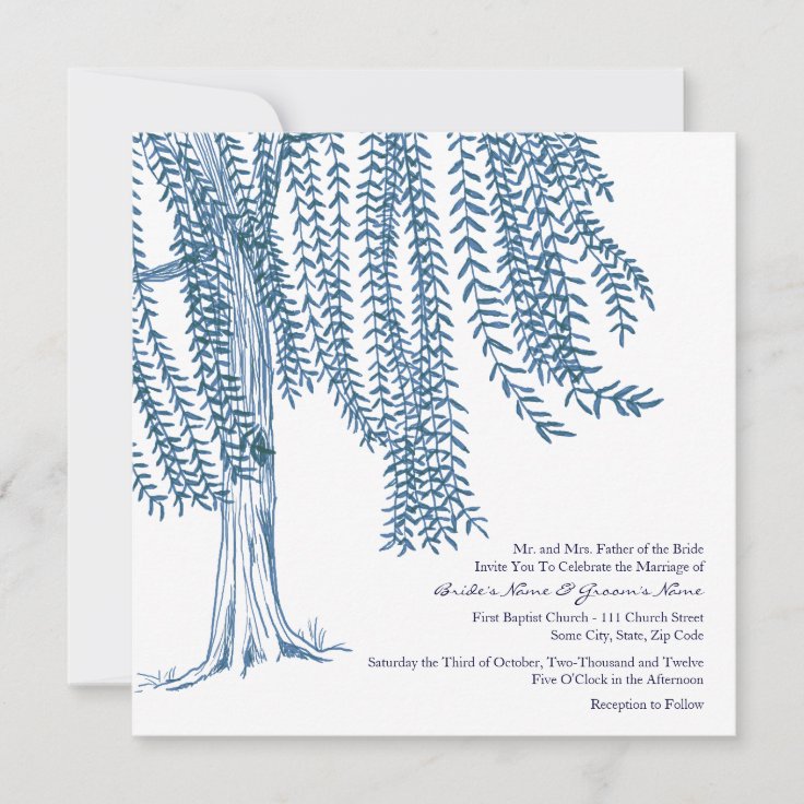 Blue and White Willow Tree Wedding Invitation | Zazzle