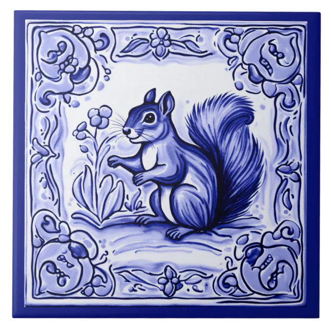 Blue and White Woodland Squirrel Folk Animal Art Ceramic Tile | Zazzle