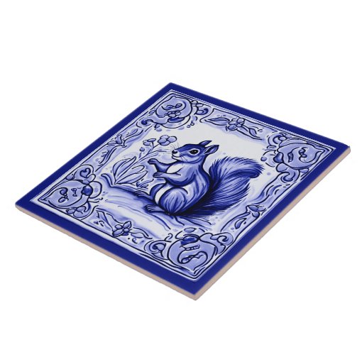 Blue and White Woodland Squirrel Folk Animal Art Ceramic Tile | Zazzle