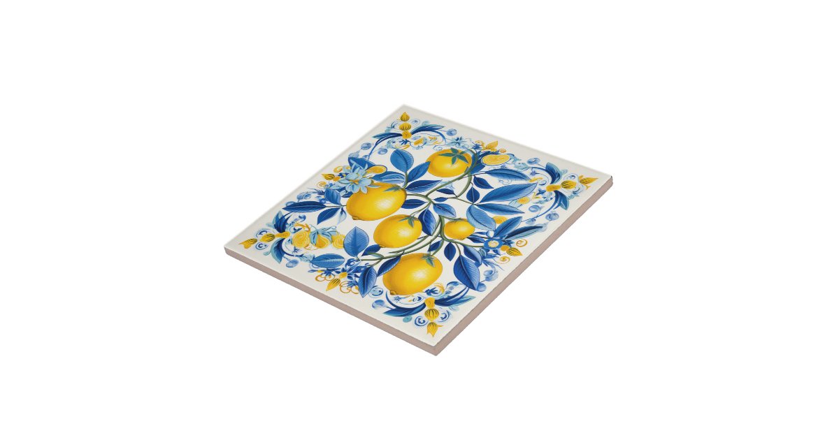 Blue and yellow Azulejos with lemons Ceramic Tile | Zazzle