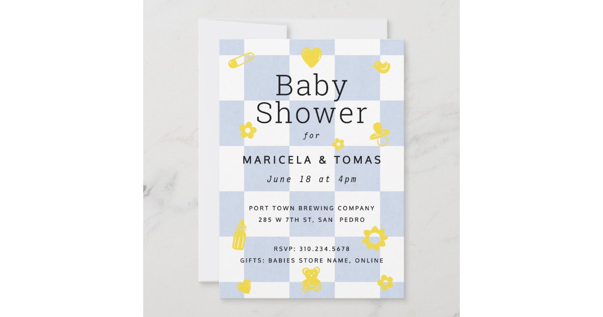 Blue and Yellow Checker Baby Shower Invitation | Zazzle