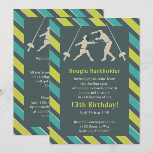 Blue and Yellow Fencing Birthday Party Invitation | Zazzle