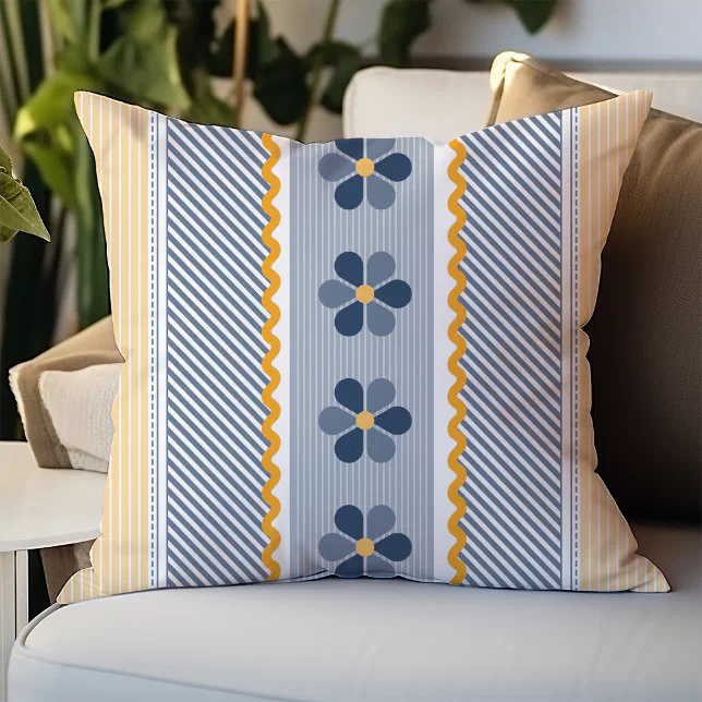 Blue and Yellow Floral Diagonal Stripes Throw Pillow | Zazzle
