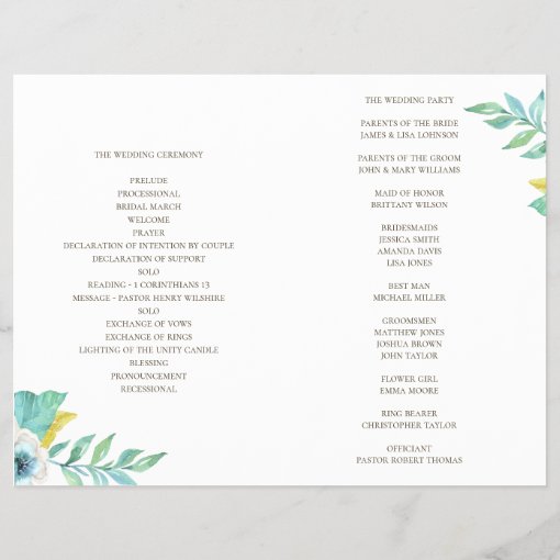 Blue and yellow floral wedding program folded | Zazzle
