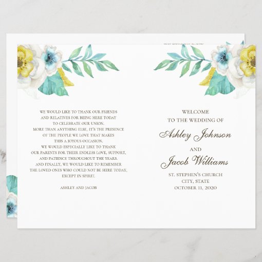 Blue and yellow floral wedding program folded | Zazzle
