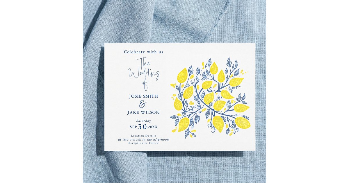 Blue and yellow lemon vines wedding invitation | Zazzle