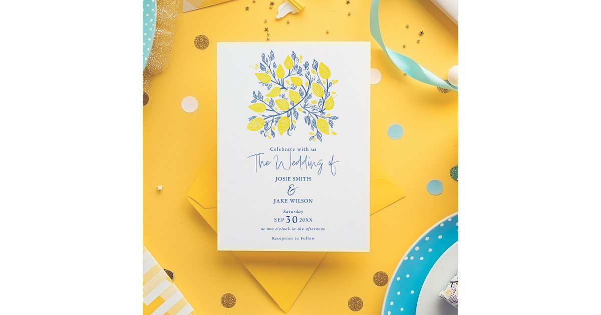 Blue and yellow lemon vines Wedding Invitation | Zazzle