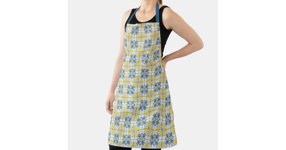 Blue and yellow pretty Portuguese tiles pattern Apron | Zazzle