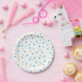 Blue, aqua and yellow spotty party plates | Zazzle