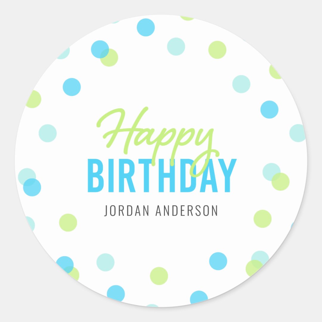 Blue Aqua Green Confetti Happy Birthday Classic Round Sticker | Zazzle