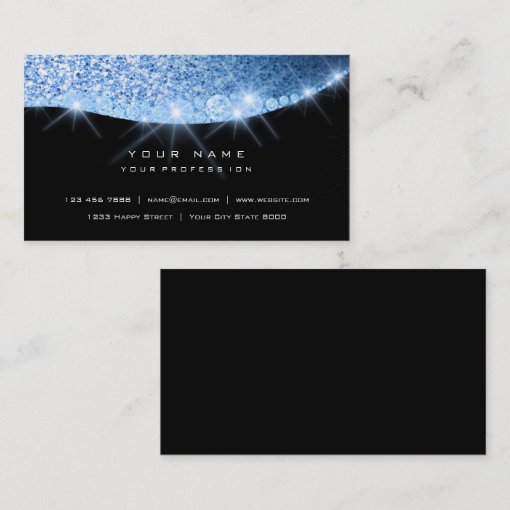 Blue Aqua Sparkly Diamond Glitter Glam Black Business Card | Zazzle