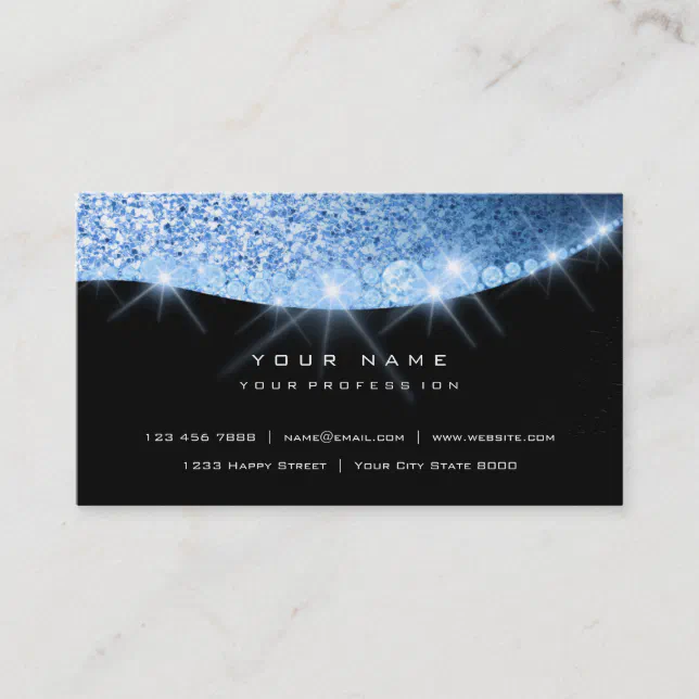 Blue Aqua Sparkly Diamond Glitter Glam Black Business Card | Zazzle