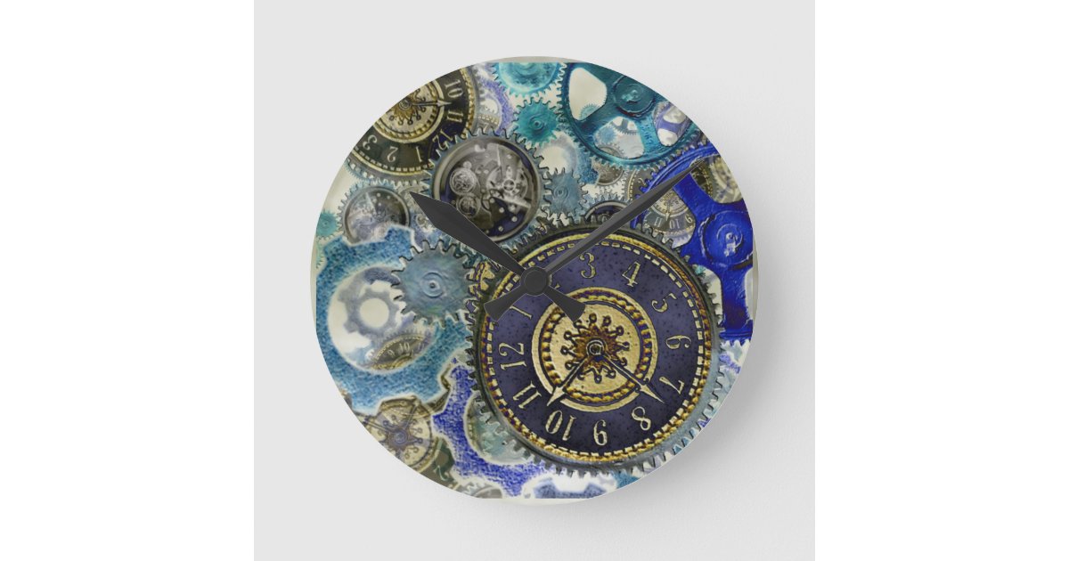 Blue aqua steampunk gears, cogs, clock faces print | Zazzle