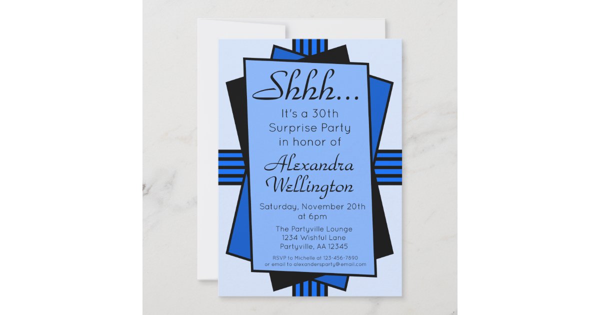 Blue Art Deco Surprise Party Birthday Invitation | Zazzle