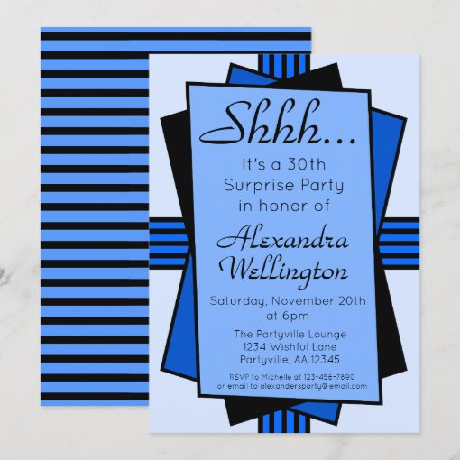 Blue Art Deco Surprise Party Birthday Invitation | Zazzle