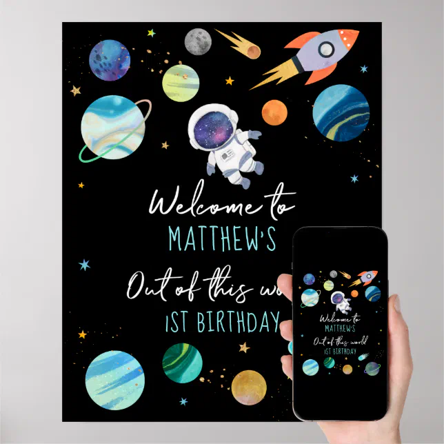 Blue Astronaut Outer Space Birthday Welcome Poster | Zazzle