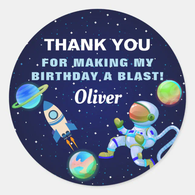 Blue Astronaut Outer Space Rocket Ship Birthday Classic Round Sticker ...