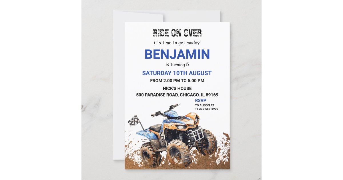 Blue ATV Wheeler Bike Birthday Invitation | Zazzle