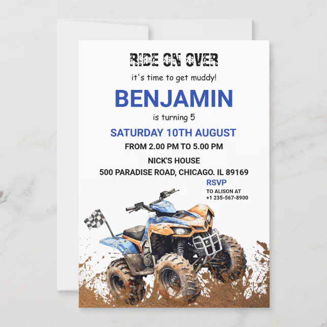 Blue ATV Wheeler Bike Birthday Invitation | Zazzle