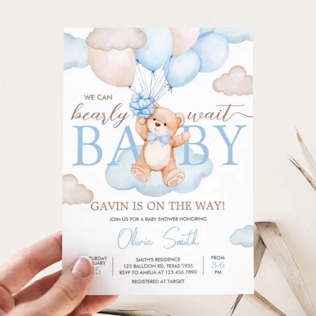 Blue Baby Bear Balloon Baby Shower Invitation | Zazzle