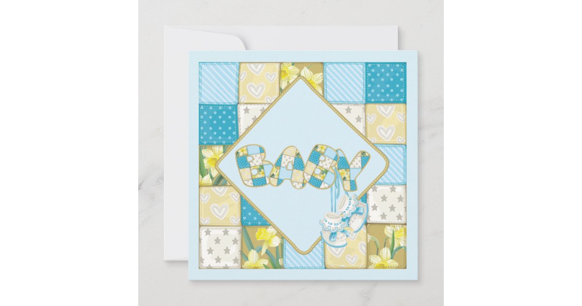 Blue Baby Booties and Patchwork Quilt Baby Shower Invitation | Zazzle