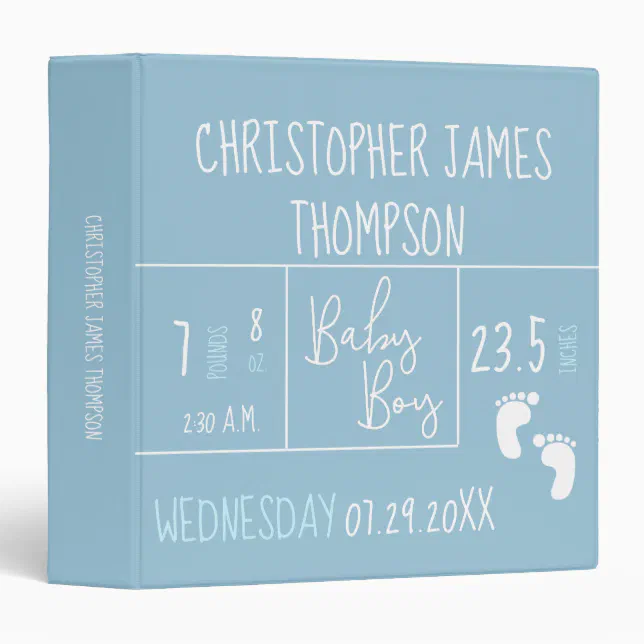 Blue Baby Boy Birth Information detail and Photo 3 Ring Binder | Zazzle