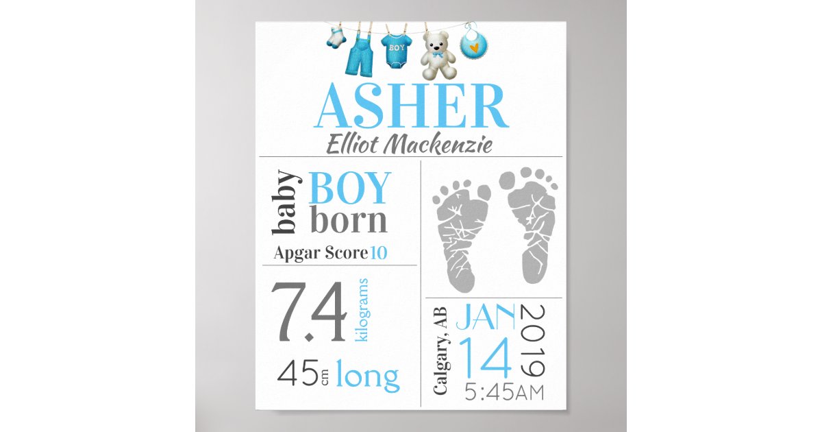 Blue Baby Boy Birth Stat Sign with Footprint | Zazzle