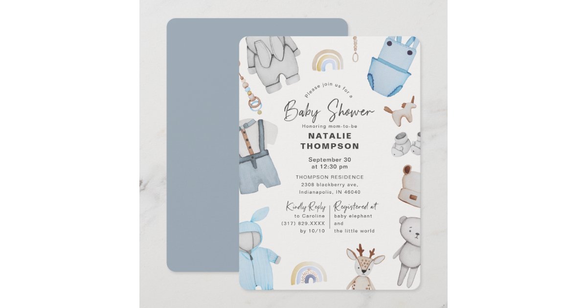 Blue Baby Clothes & Toys Boy Baby Shower Invitation | Zazzle