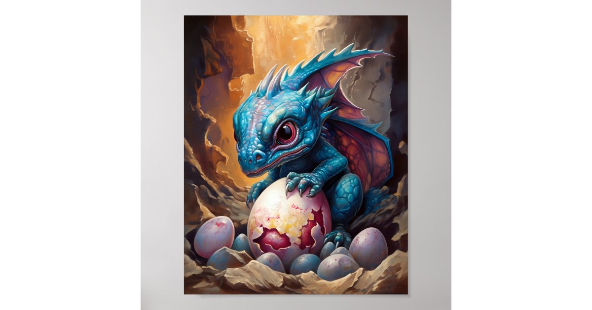 Blue Baby Dragon With Hatchling Poster | Zazzle
