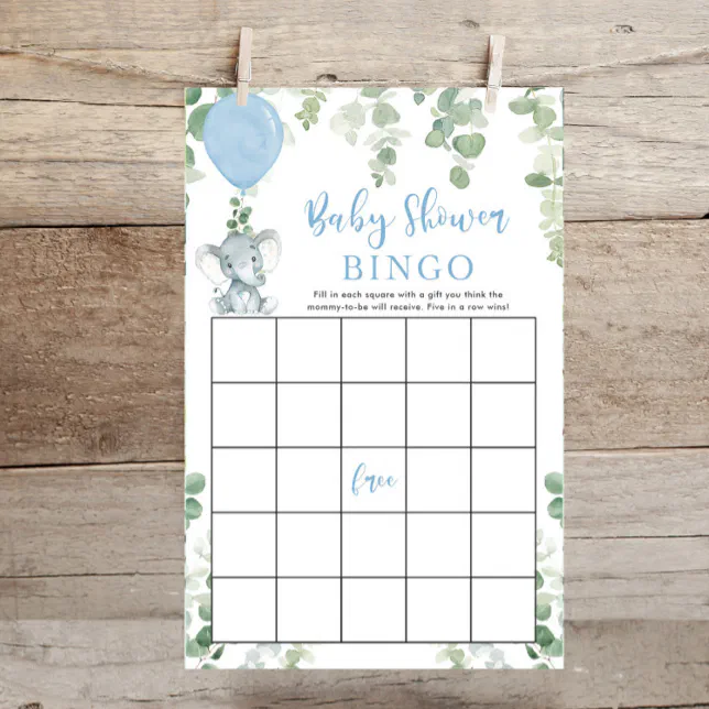 Blue baby elephant balloons baby shower bingo game | Zazzle