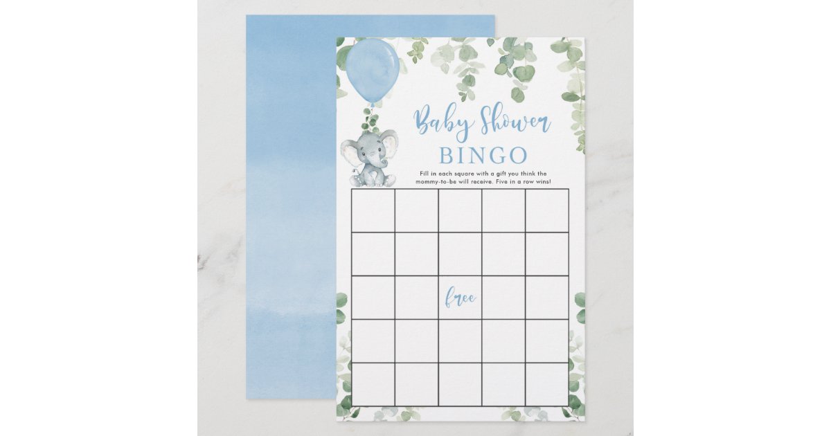Blue baby elephant balloons baby shower bingo game | Zazzle