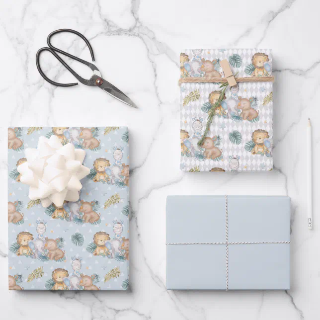 Blue Baby Elephant Rhino Lion Wrapping Paper Sheets | Zazzle