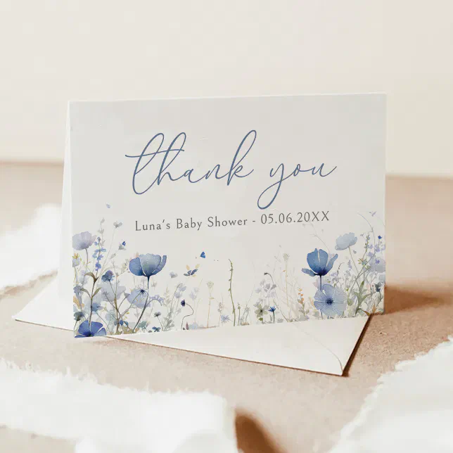 Blue Baby In Bloom Floral Wildflower Baby Shower Thank You Card | Zazzle