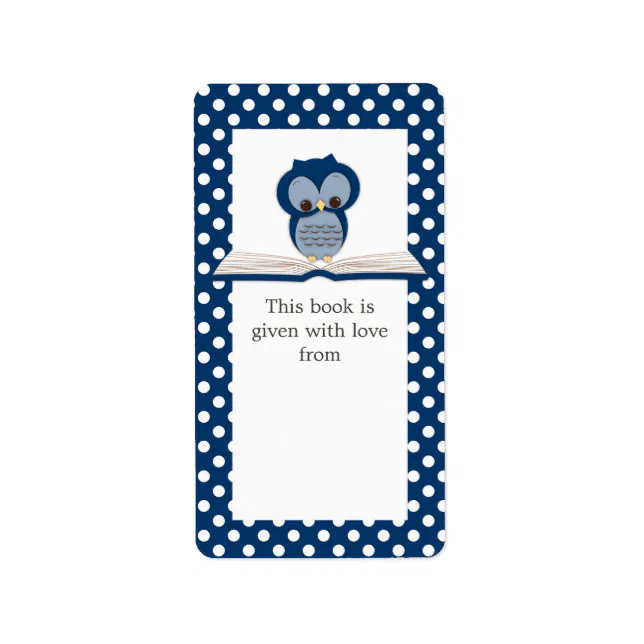 Blue Baby Owl on Book Gift Bookplate Label | Zazzle