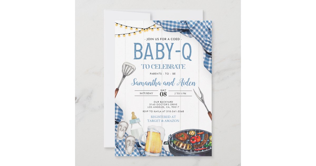 Blue Baby-Q Baby Shower Invitation | Zazzle