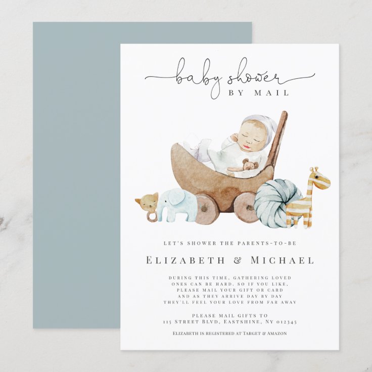 Blue Baby Shower By Mail Boy Boho Social Distance Invitation | Zazzle