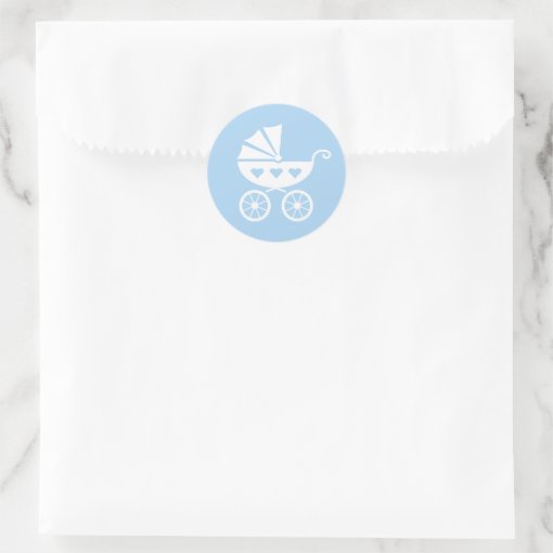 Blue baby shower stickers with cute stroller buggy | Zazzle