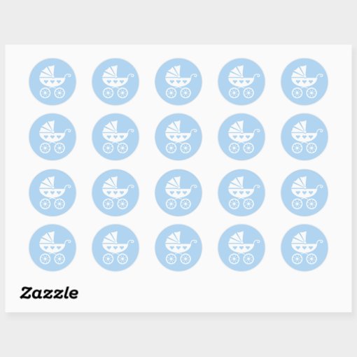 Blue baby shower stickers with cute stroller buggy | Zazzle