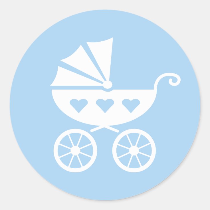 Blue baby shower stickers with cute stroller buggy | Zazzle