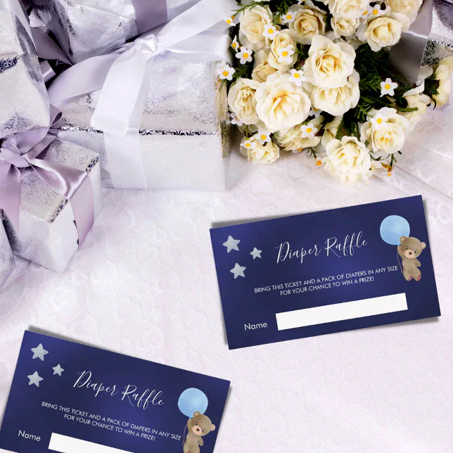Blue baby shower teddy boy diaper raffle ticket enclosure card | Zazzle