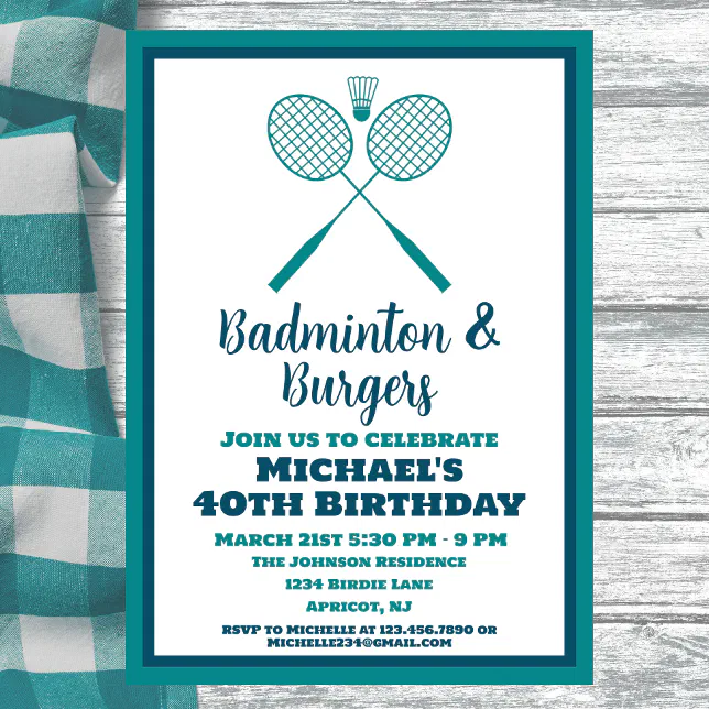 Blue Badminton Party Sports BBQ Birthday Invitation | Zazzle