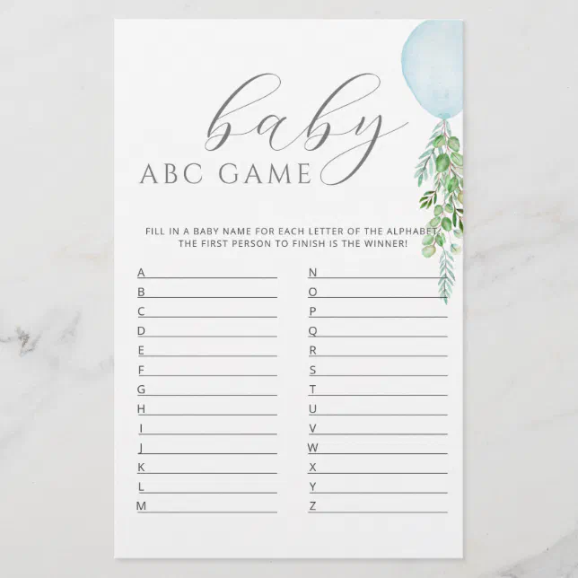 Blue Balloon Baby Shower Game ABC | Zazzle