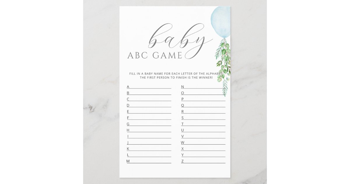 Blue Balloon Baby Shower Game ABC | Zazzle