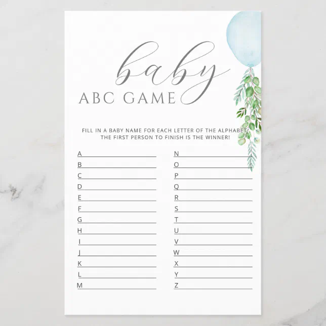 Blue Balloon Baby Shower Game ABC | Zazzle