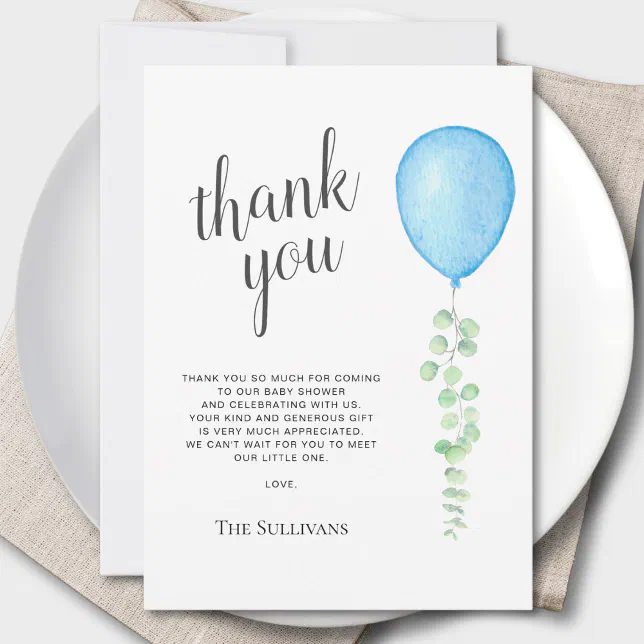 Blue Balloon Baby Shower Thank You Card | Zazzle