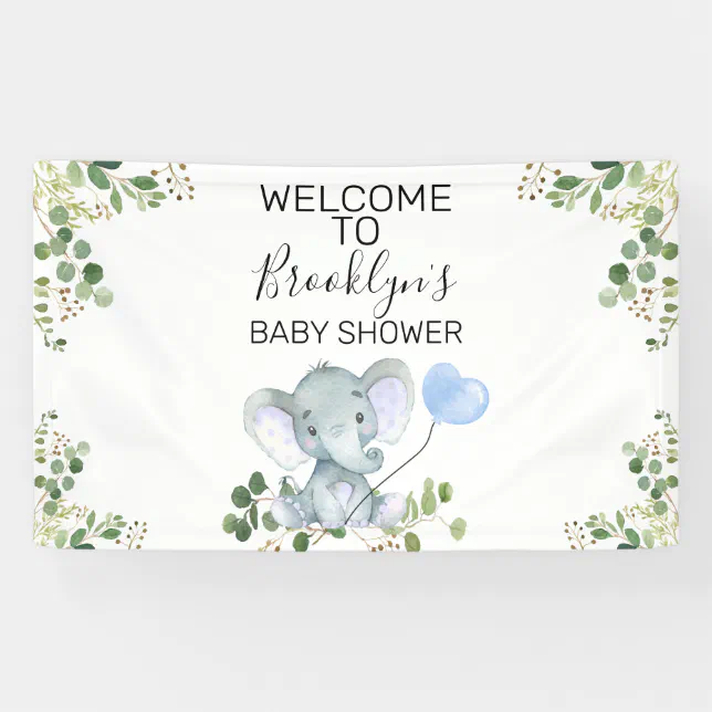 Blue Balloon Elephant Foliage Baby Shower Welcome Banner | Zazzle